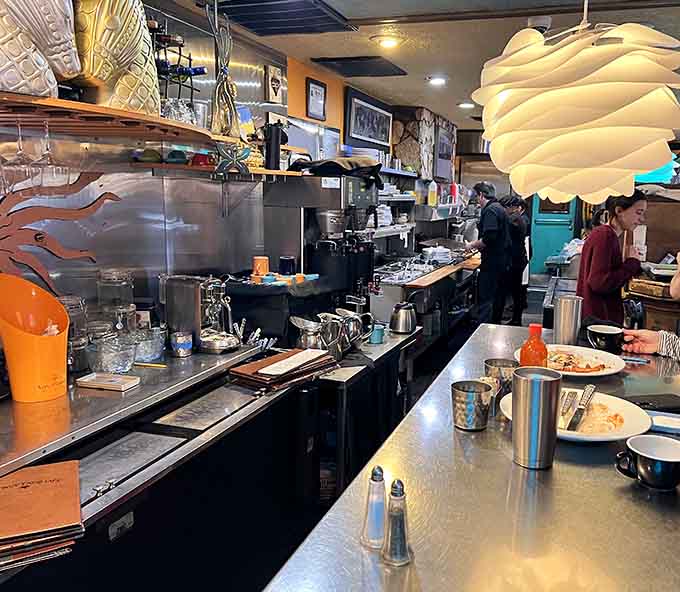 The prep station where breakfast magic happens, complete with hanging sculptures that make cooking look like performance art.