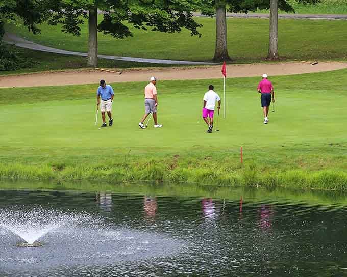 The golf course shares space with the lake, giving you options when fishing requires too much patience.