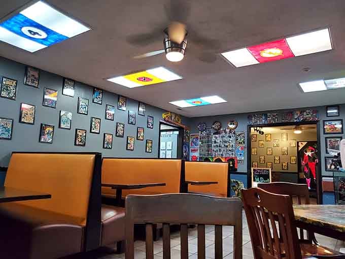 Bright booths and comic-covered walls create the perfect backdrop for debating which hero reigns supreme today.