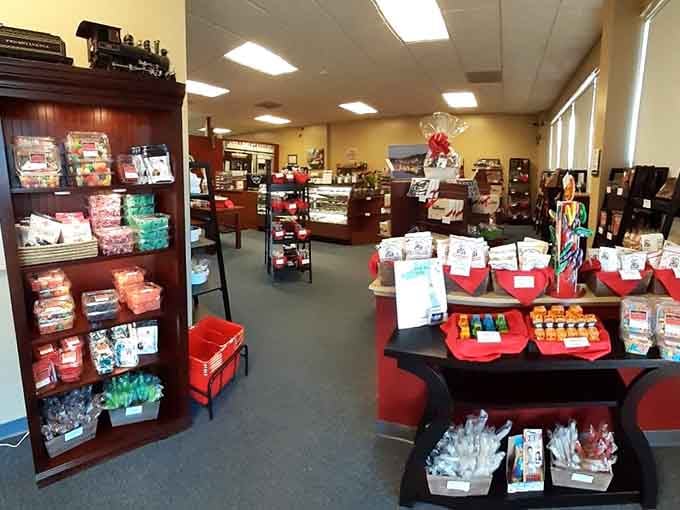 Every corner of this shop bursts with chocolate possibilities, from wrapped treats to gift baskets begging to be given.