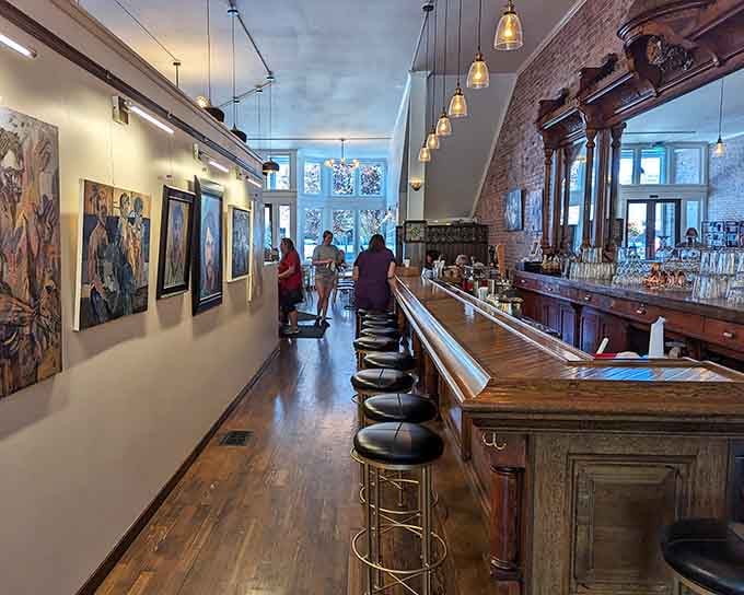 An ornate antique bar that's seen history and now serves excellent coffee to grateful modern visitors.