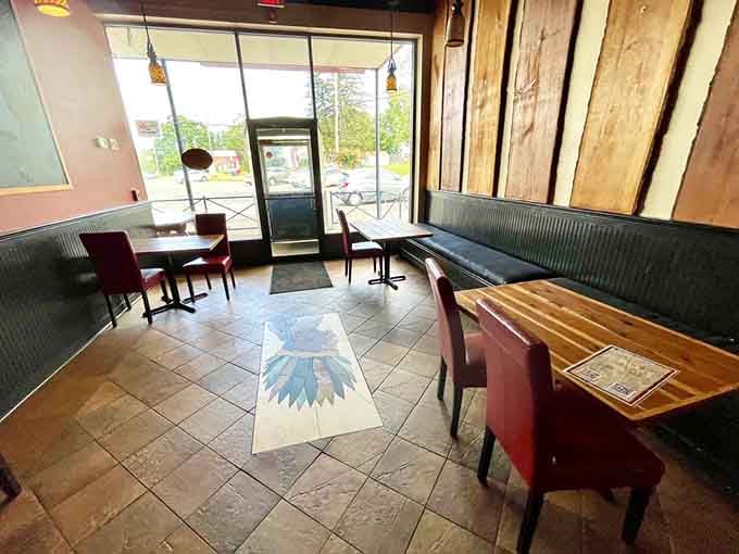 Colorful seating and that decorative floor tile add personality without trying too hard to be something they're not.
