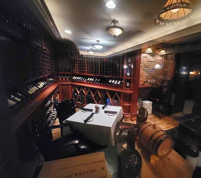 Floor-to-ceiling wine racks surrounding a private table make you feel like royalty dining in your personal cellar.