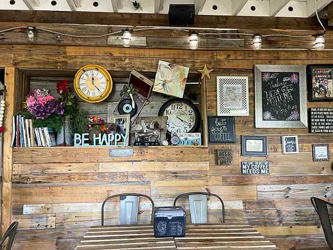 Vintage clocks and "Be Happy" signs create the kind of quirky charm that makes you want to stay forever.