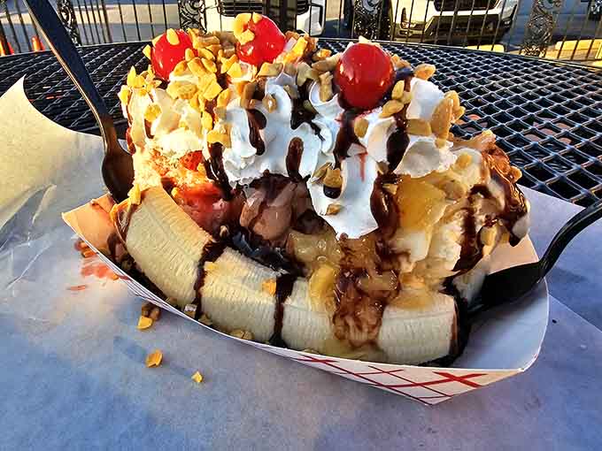 This banana split looks like it escaped from a 1950s soda fountain and landed perfectly in modern-day Spartanburg glory.
