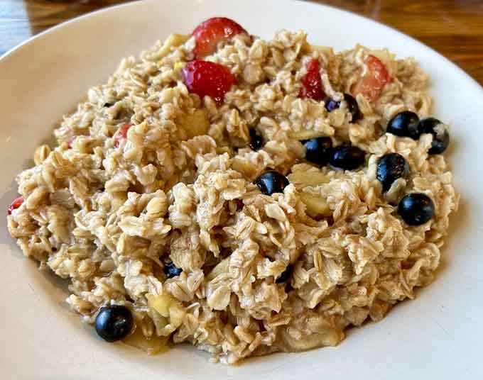Fresh fruit porridge that makes healthy eating look absolutely appealing, even to confirmed bacon enthusiasts everywhere.