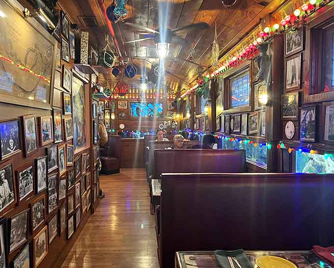 Dining rooms overflow with memorabilia from floor to ceiling, giving your neck a workout while you wait.