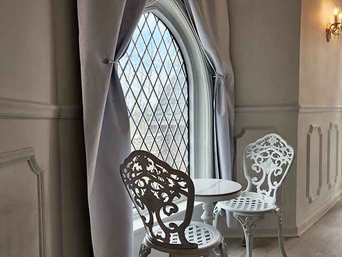 Gothic windows frame your morning coffee spot, making even instant brew taste like it was prepared by royal servants somehow.