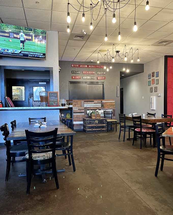 String lights and thoughtful design create ambiance that makes lingering over dessert feel absolutely mandatory here tonight.