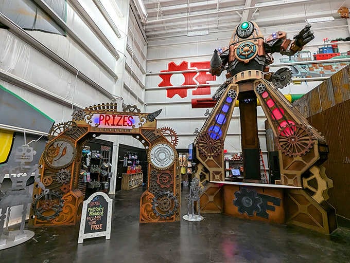 The steampunk prize station stands like something from Jules Verne's fever dream, all gears and Victorian industrial charm.
