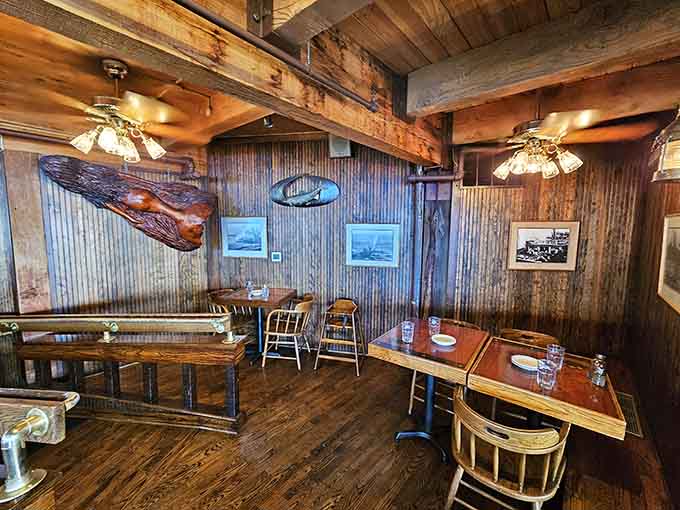 Corrugated metal walls and wooden tables create that authentic fishing village vibe without the actual smell of fish.