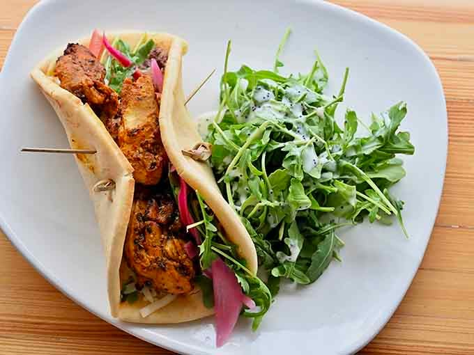 Gyro meat nestled in warm pita with fresh arugula proves that Mediterranean flavors thrive on Maryland's Eastern Shore.