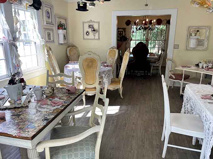 Mismatched chairs and tables create an eclectic dining space where no two seats offer the same view of this delightful chaos.