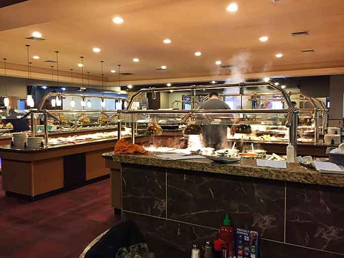 The expansive buffet area features multiple stations, each one calling your name louder than the last.