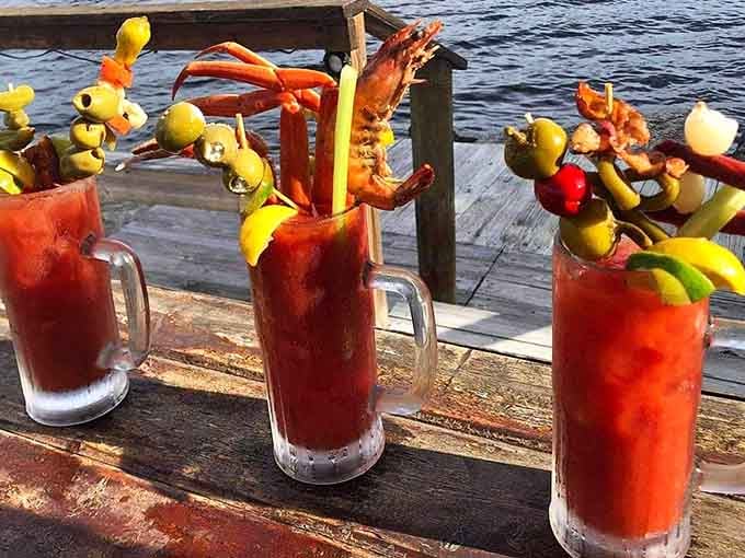 Bloody Marys garnished like they're auditioning for a seafood variety show, and honestly, they've got the part.