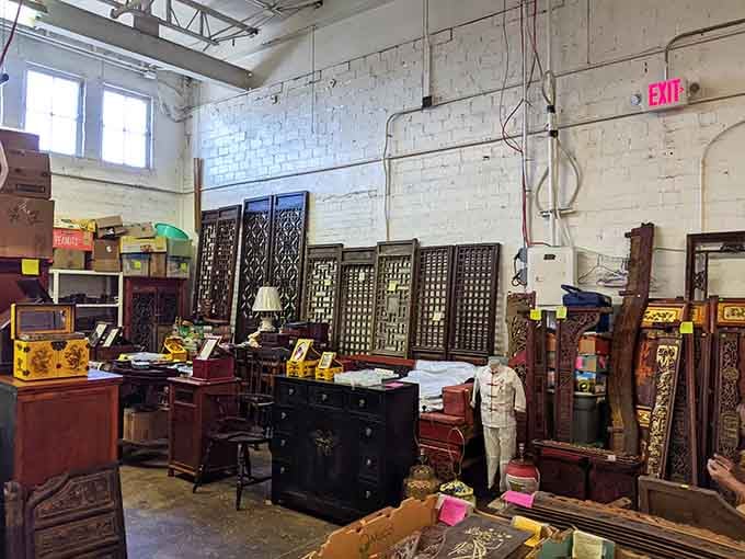 Ornate Asian furniture fills the space like an exotic bazaar, offering worldly sophistication at down-to-earth prices.