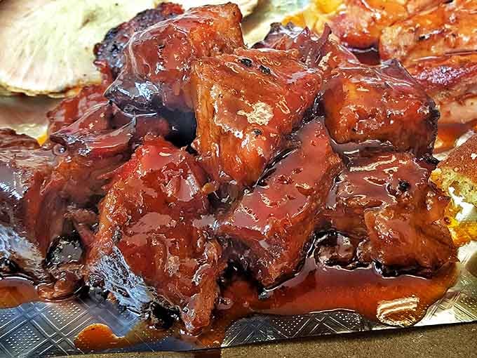Burnt ends glazed to caramelized perfection, those little nuggets of brisket that barbecue enthusiasts dream about at night.