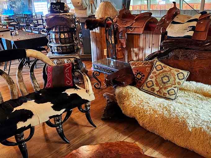 The waiting area features vintage ranch equipment and character, making even the wait part of the whole experience.