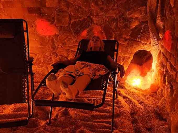 Relaxing in the salt cave with your furry friend, because apparently dogs deserve spa days too in modern Florida.