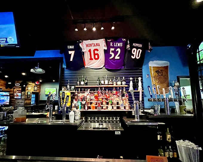 Those jerseys hanging above the bar tell stories of legendary athletes and legendary appetites satisfied here nightly.