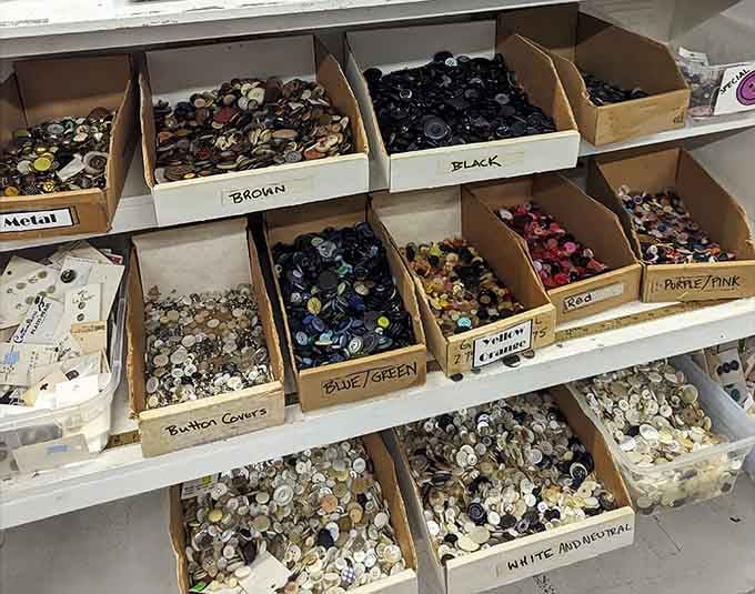 Buttons organized by color like a crafter's candy store, where every box holds the perfect finishing touch for something.