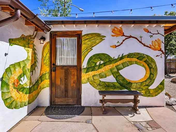 This dragon mural guards the entrance, adding just the right amount of Smaug energy.