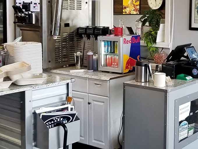 The beverage station stands ready to keep your coffee cup perpetually full throughout your entire leisurely meal.