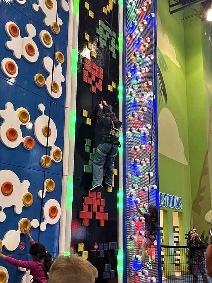 Interactive climbing walls turn vertical surfaces into colorful puzzles that test your brain and muscles simultaneously with cheerful difficulty.