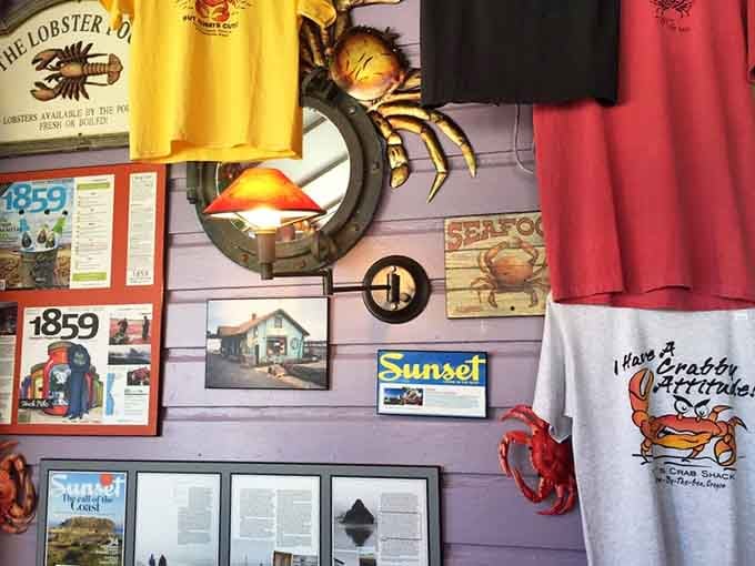Crab-themed memorabilia and vintage signs create an atmosphere that's equal parts fun and authentically coastal.