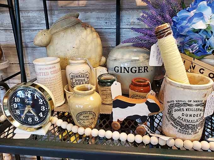 Vintage crocks and jars that once held everything from pickles to promises in kitchens across America's heartland.