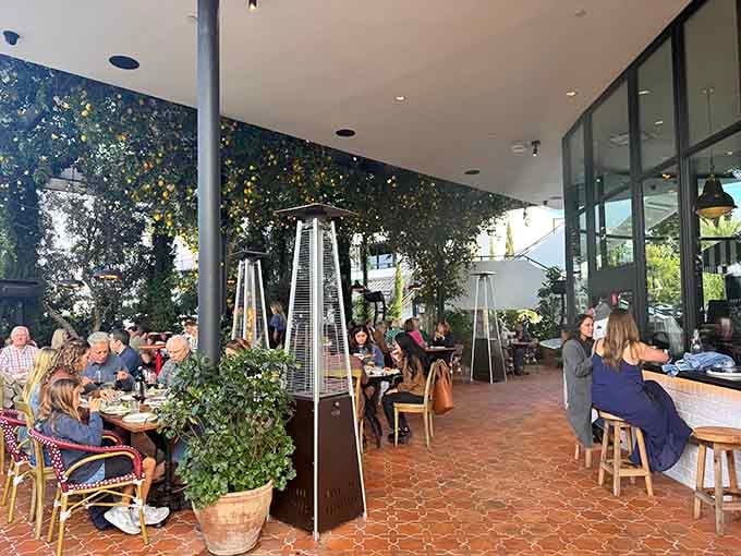 Outdoor dining under twinkling lights and heat lamps where California weather meets comfortable seating and excellent company all around.