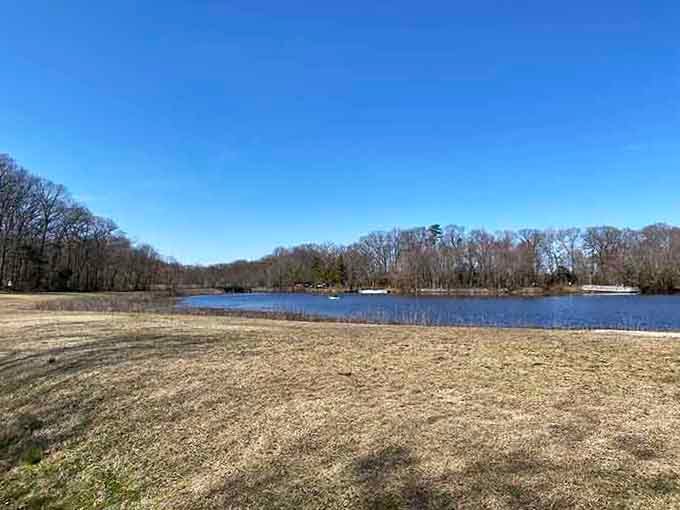 Open fields meeting calm water create the kind of view that makes you forget your phone exists.
