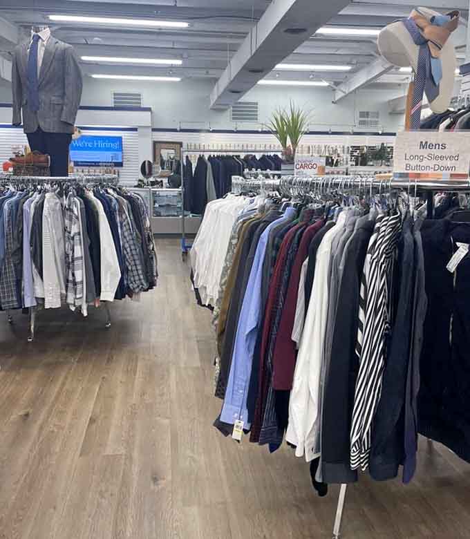 Men's button-downs and casual wear hang in organized rows, offering style upgrades at prices that won't break the bank.