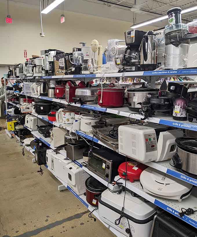 Kitchen appliances crowd the shelves like a culinary convention where every gadget costs less than the ingredients for one fancy meal.