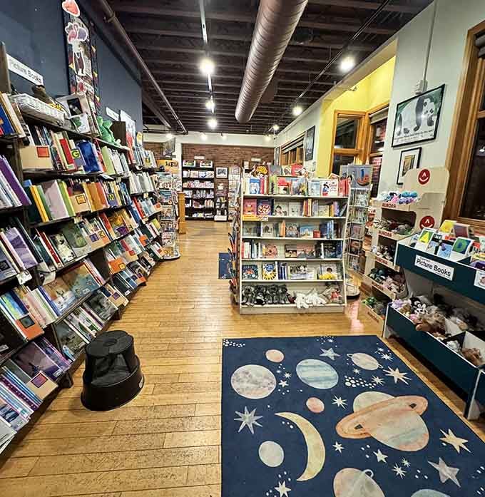 Village Books and Paper Dreams children's section features playful rugs and shelves organized to inspire young readers daily.