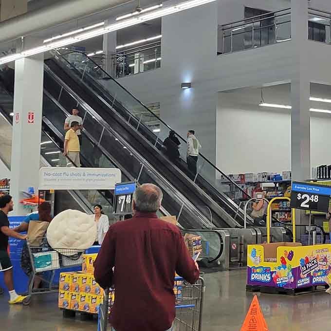 The famous cart escalators in action, proving that even your groceries deserve a proper mechanical elevator ride.