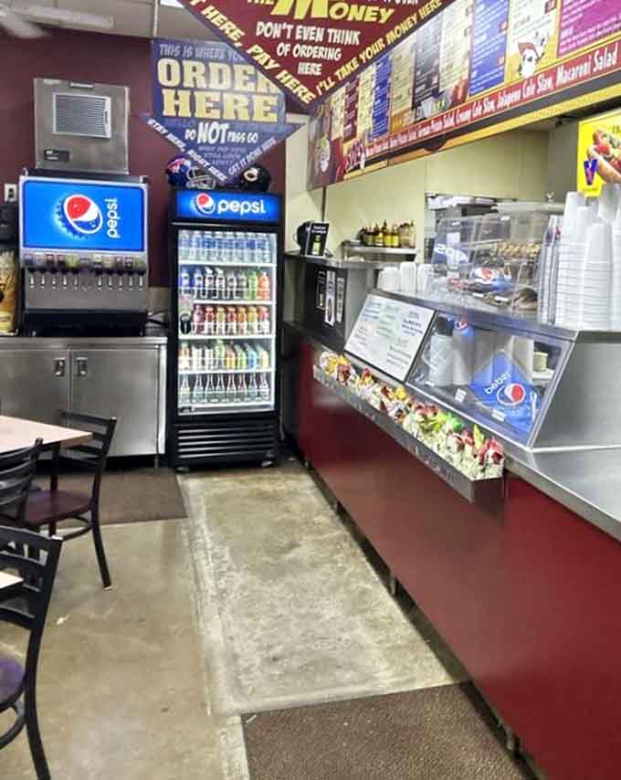 The beverage station stands ready with cold drinks to help you wash down those magnificent overstuffed sandwiches.