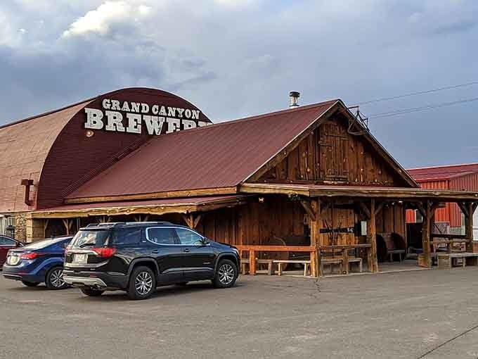 Grand Canyon Brewing + Distillery's rustic timber building invites thirsty travelers to sample local craft beverages after a day of mountain town exploration and fresh air.
