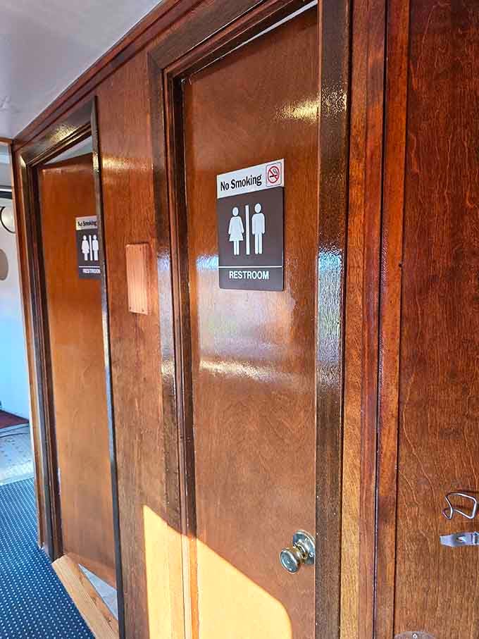 Even the restrooms maintain that vintage charm, proving attention to detail matters in every single corner.