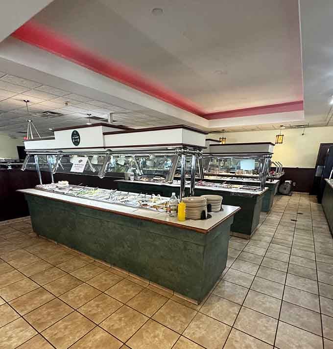 The buffet stations stretch invitingly across the room, practically begging you to explore every single option available.