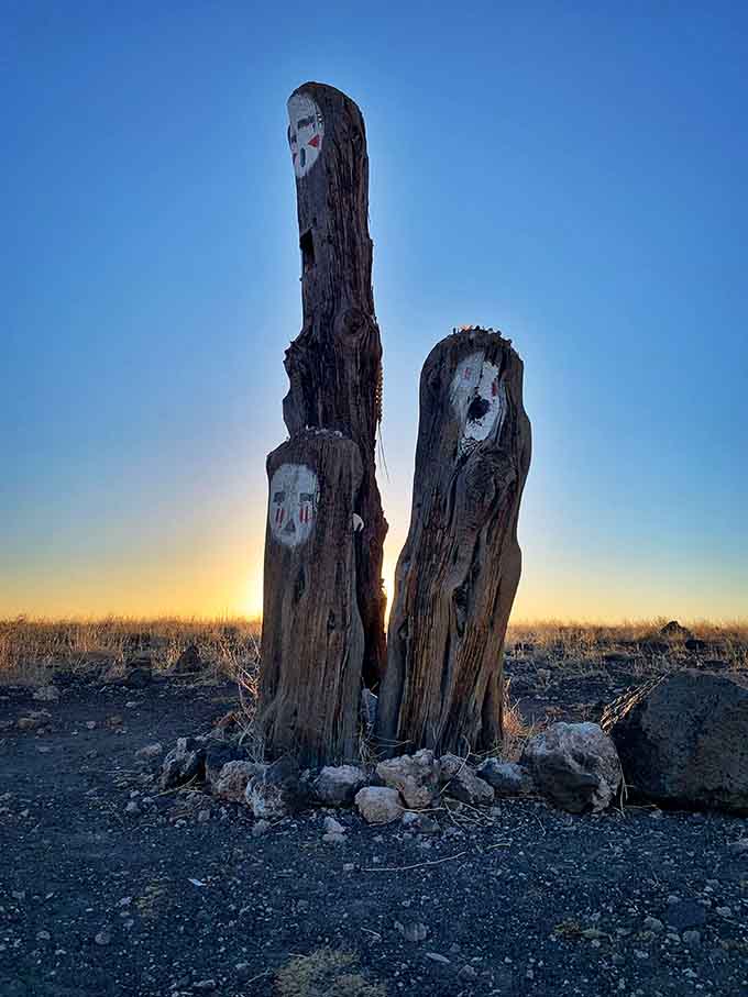 Spirit totems standing sentinel at sunset, silent witnesses to countless desert sunrises and sunsets.