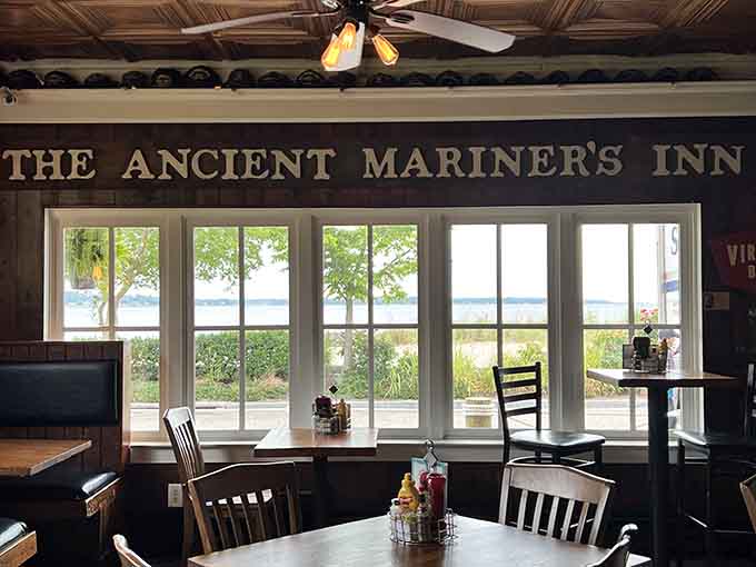 Windows frame views that make you grateful for coastal Virginia while you wait for your oversized crab cake.