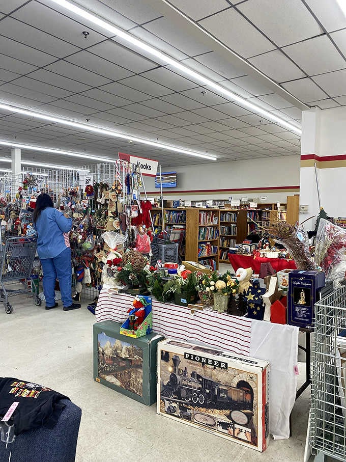 Holiday decorations and books create a festive corner that changes with the seasons, always offering something new.