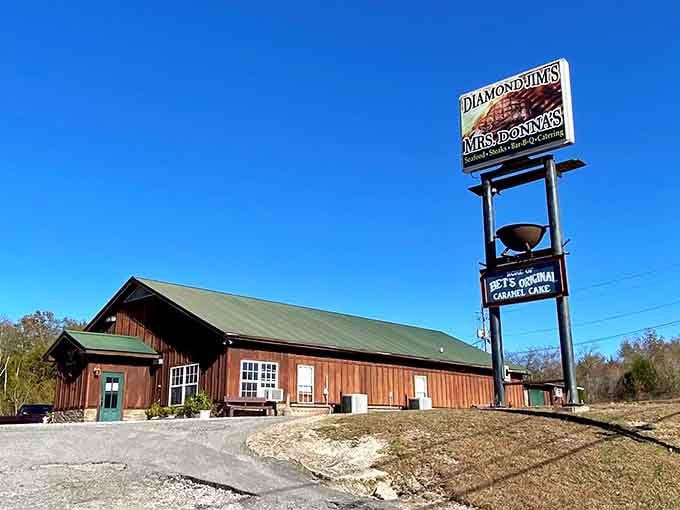 The towering roadside sign promises both steaks and caramel cake—because why choose between savory and sweet?