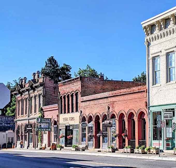 Brick facades with arched windows tell stories of Gold Rush days when these walls witnessed California-bound fortune seekers.