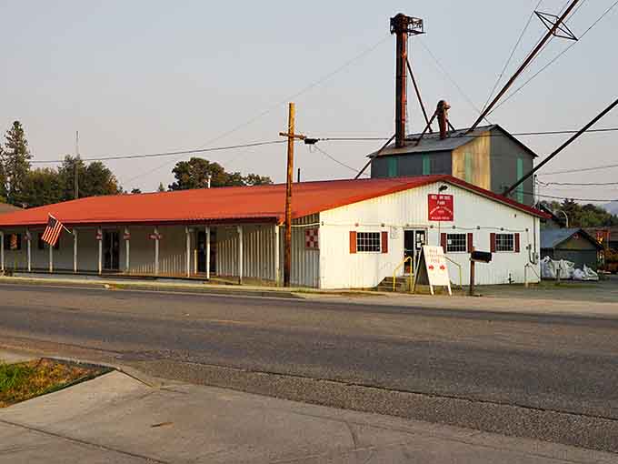 That vintage grain elevator and red-roofed building combo screams authentic farming community louder than any chamber of commerce brochure.