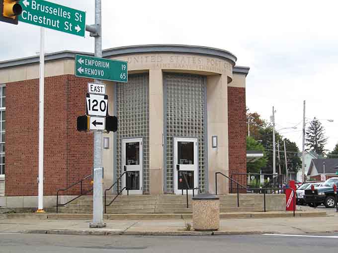 Art Deco curves and glass blocks create a building facade that belongs in a 1930s movie about small-town America.