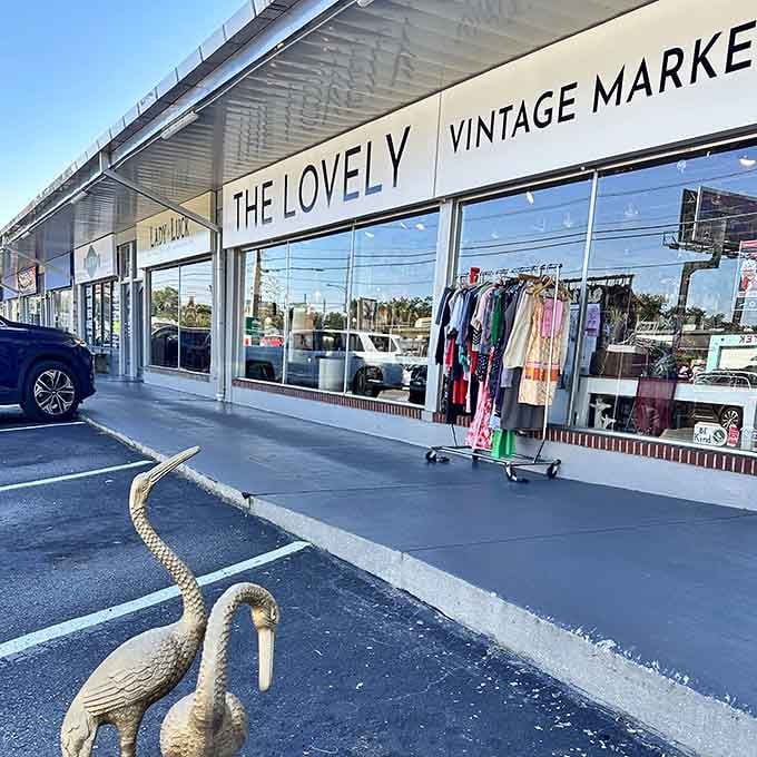 Those whimsical brass swans standing guard outside hint at the curated treasures and mid-century magic waiting within.
