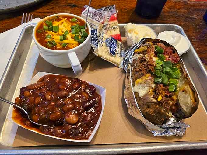 Loaded baked potato, rich baked beans, and hearty chili prove the sides deserve their own spotlight.
