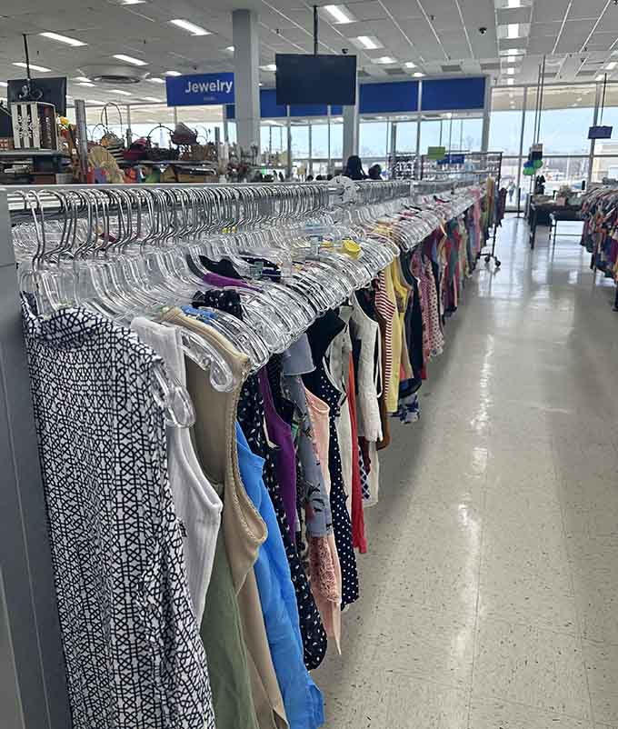 Women's clothing racks stretching into the distance, offering more wardrobe options than most department stores without the department store prices.